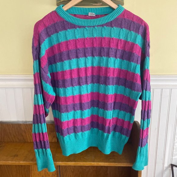 Vintage Sweaters Vintage 8s Striped Knit Multi Color Sweater Cable